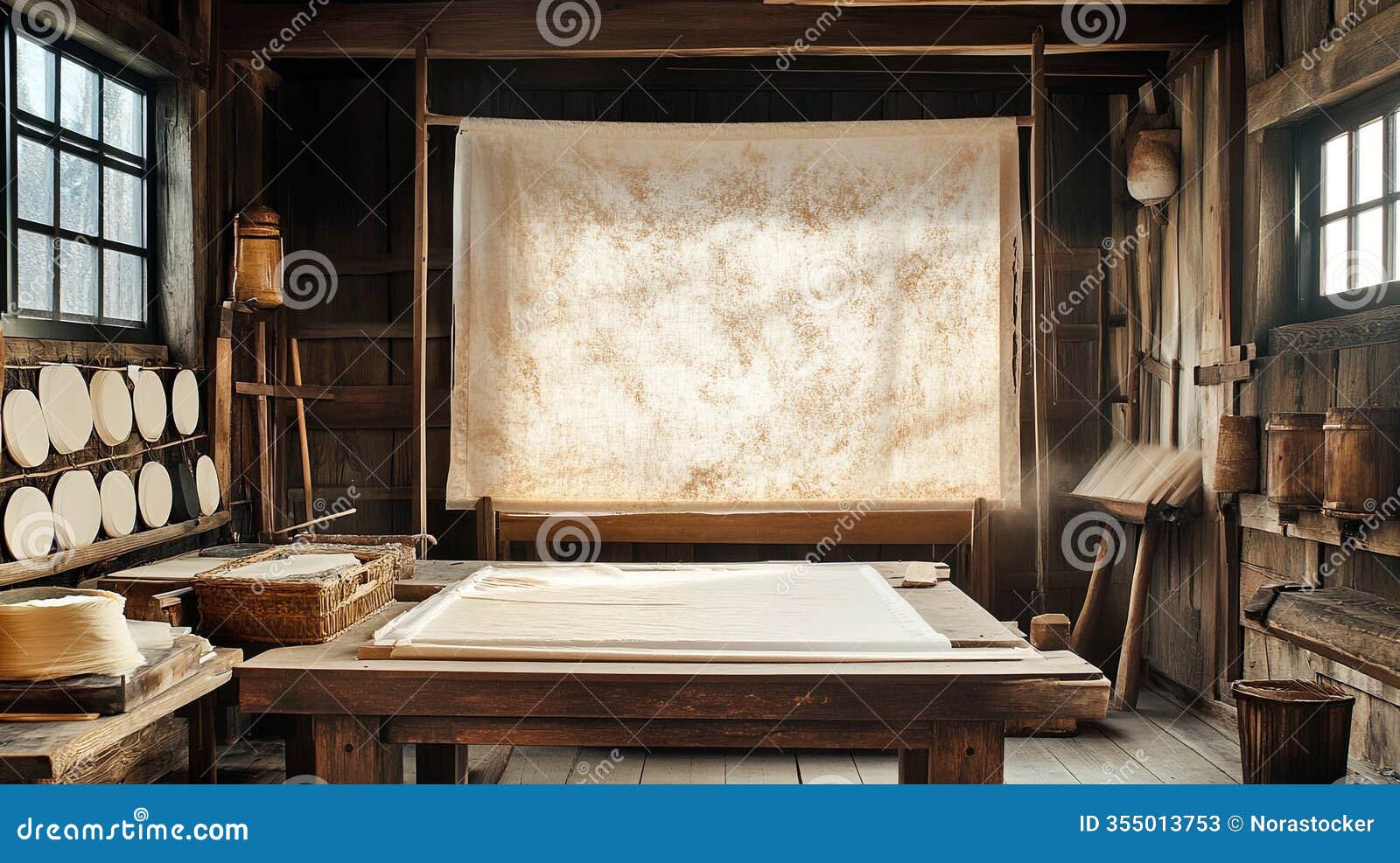 A Rustic Paper-making Setup with a Screen, Pulp, and Drying Racks Stock ...