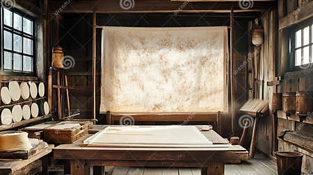 A Rustic Paper-making Setup with a Screen, Pulp, and Drying Racks Stock ...