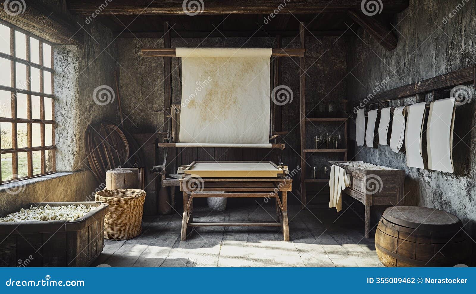 A Rustic Paper-making Setup with a Screen, Pulp, and Drying Racks Stock ...