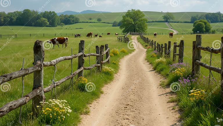 Rustic Path through Pasture with Grazing Cows and Wildflowers Stock ...