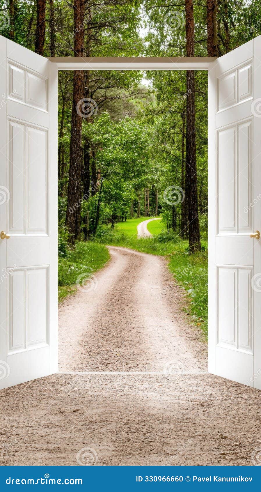A Rustic Pathway through Trees Framed by Open Double Doors Stock Photo ...