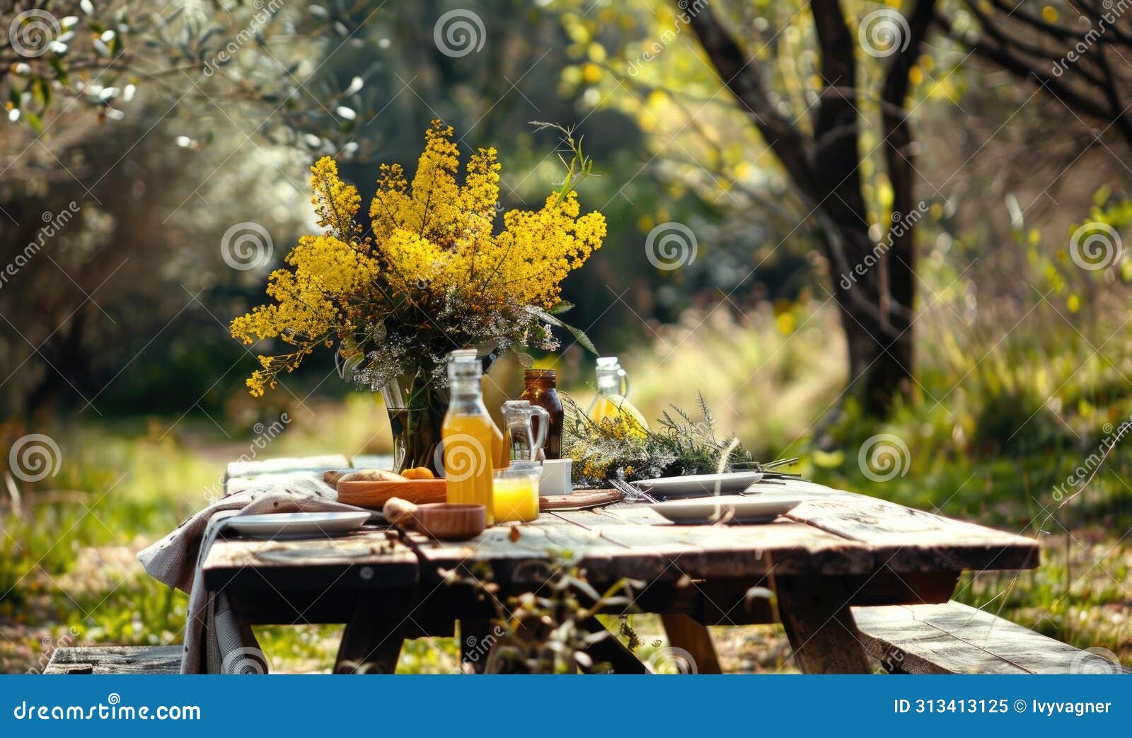 A Rustic Picnic Setup in a Sun-dappled Meadow Stock Image - Image of ...