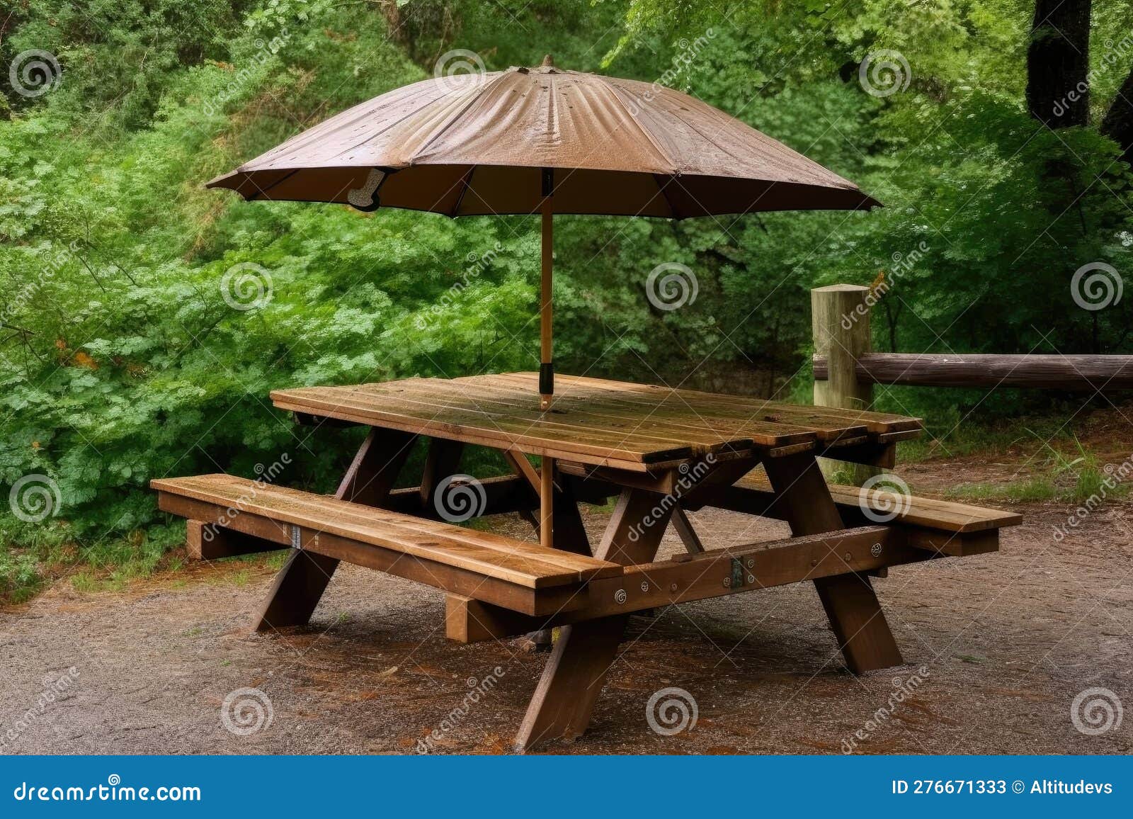 Rustic Picnic Table with Benches and Umbrella for Sunny Days Stock ...