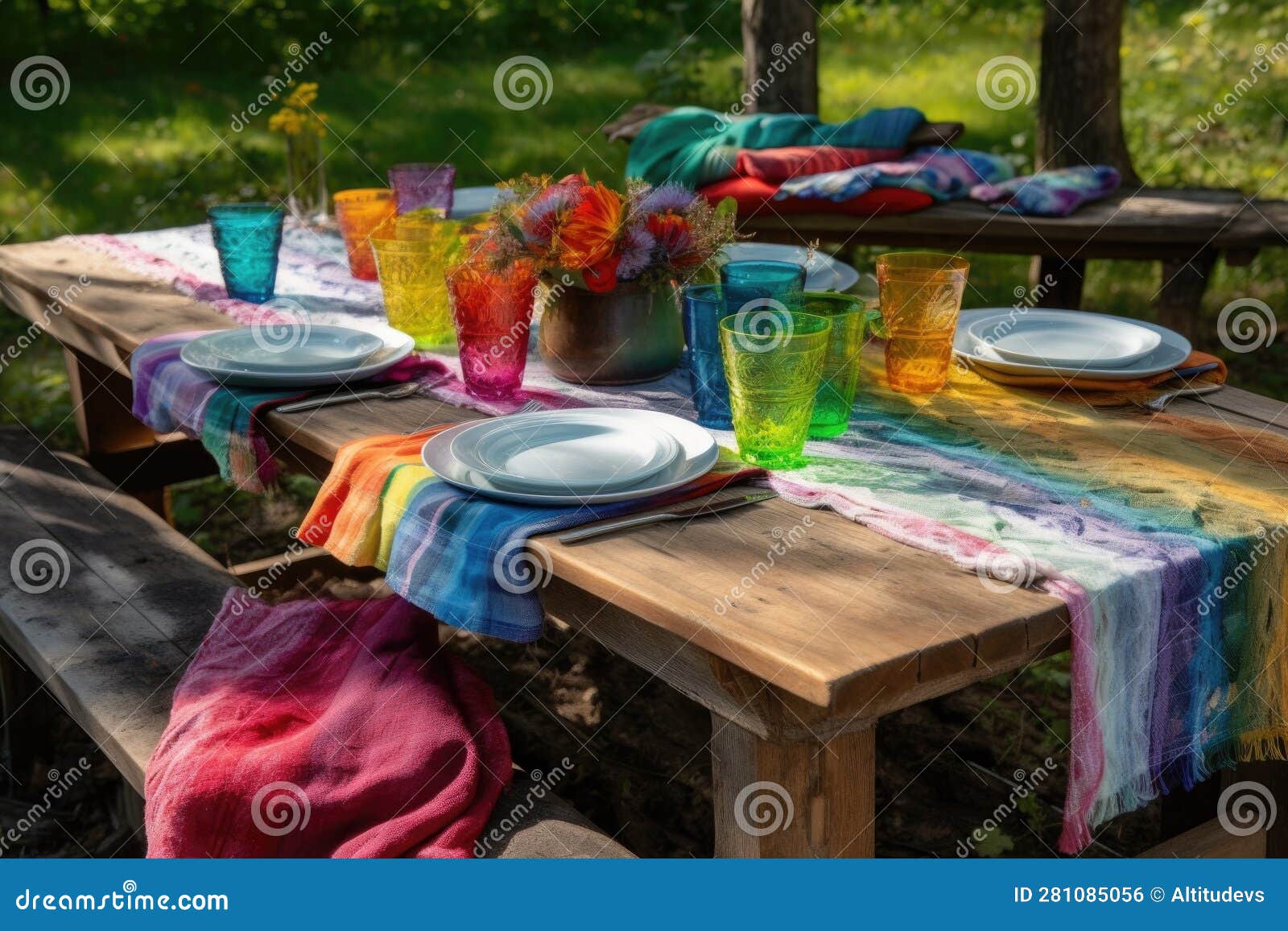 Rustic Picnic Table with Colorful Linens, Glassware, and Plates Stock ...