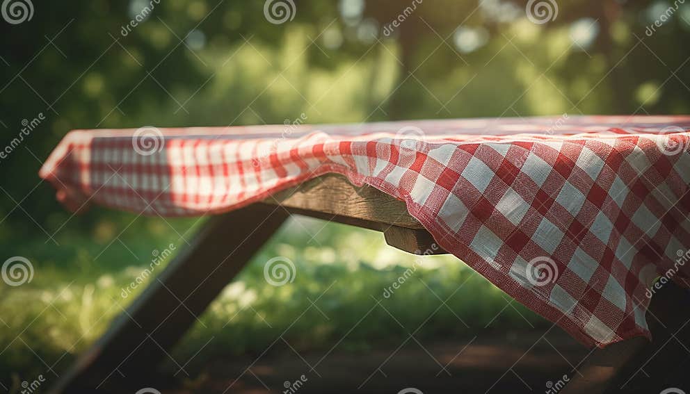 Rustic Picnic Table Set in Nature Meadow, Checked Pattern Textile ...