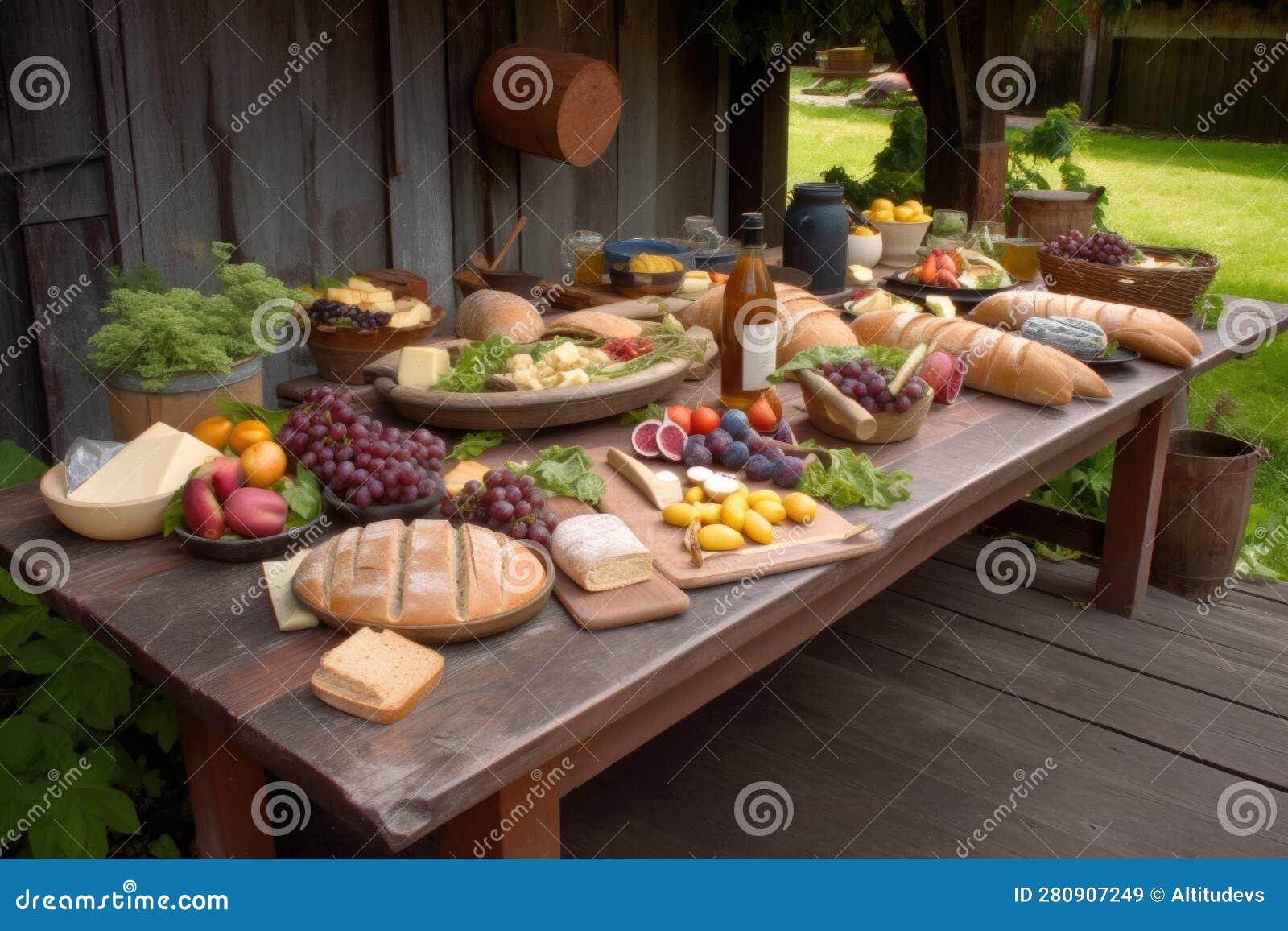Rustic Picnic Table with Spread of Fresh Produce, Cheeses, Meats and ...