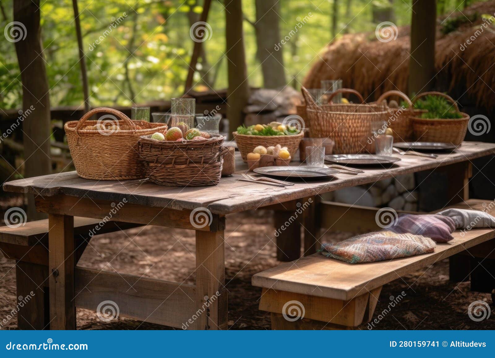 Rustic Picnic Table with Woven Baskets, Plates, and Glasses Stock ...