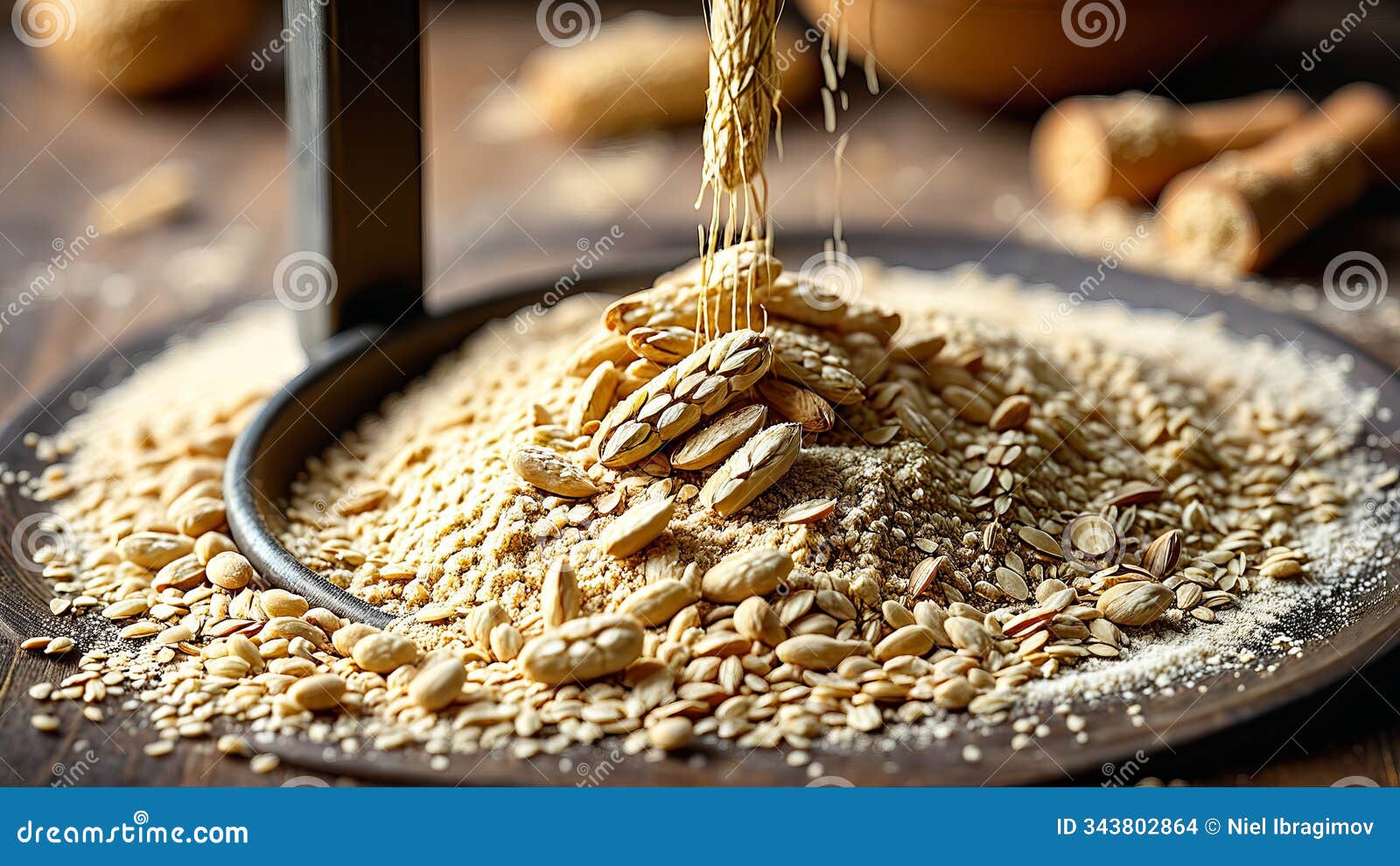 Rustic Pile of Whole Grains and Flour on Wooden Background Stock Photo ...