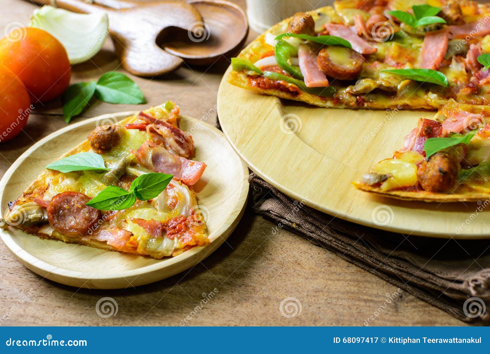 Rustic Pizza with Becon, Salami, Mozzarella and Basil Stock Image ...