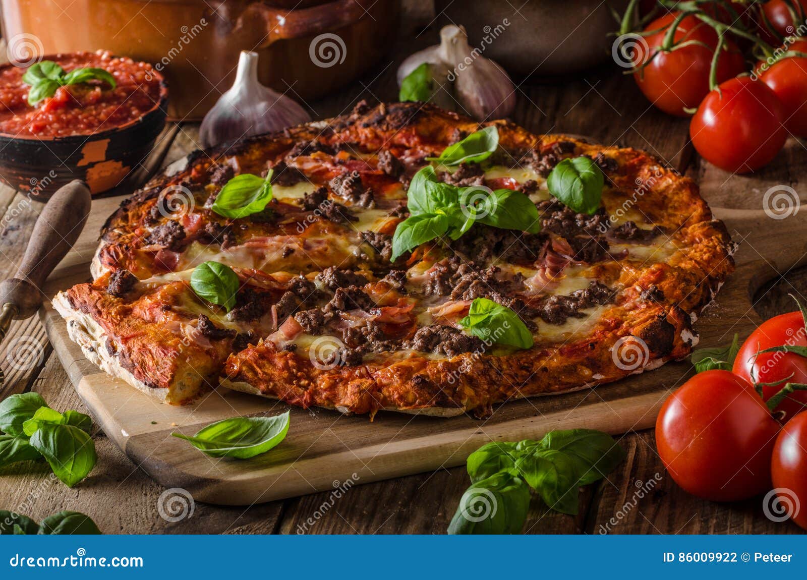 Rustic Pizza with Minced Meat Stock Photo - Image of dinner, lunch ...