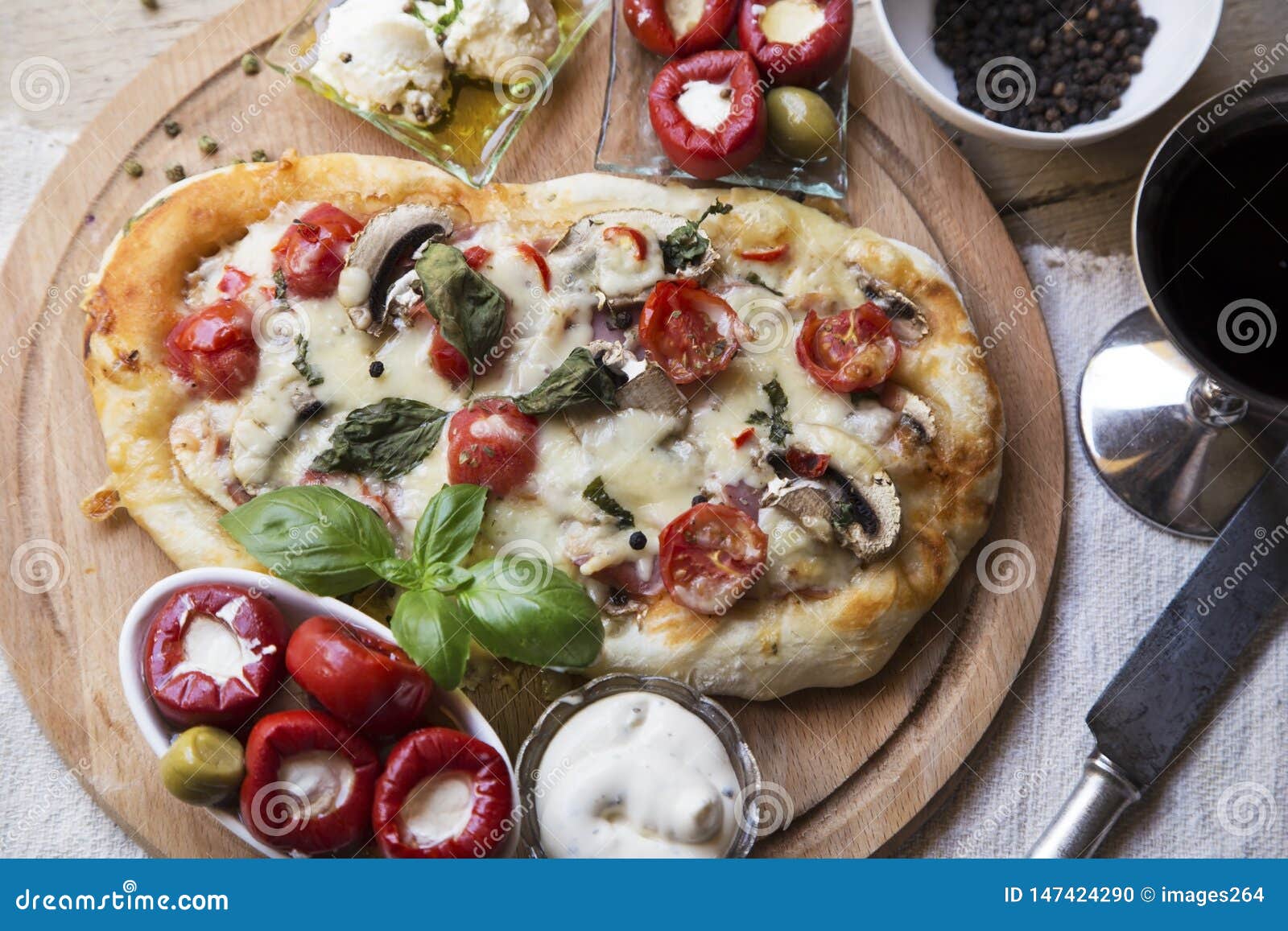 Rustic pizza stock photo. Image of mushrooms, pizza - 147424290