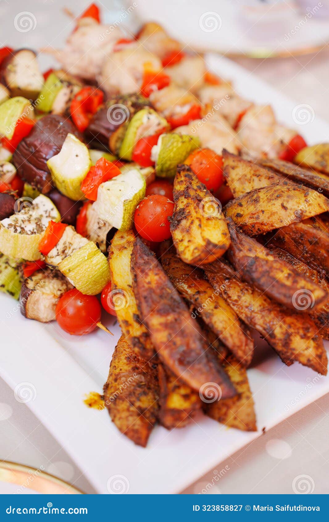 Rustic Potatoes and Vegetable Kebabs on the Grill on the Banquet Table ...