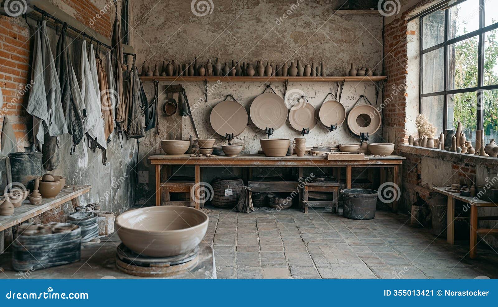 A Rustic Pottery Class Setup with Spinning Wheels, Clay, and Aprons ...