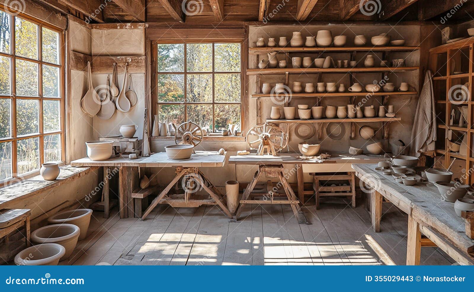 A Rustic Pottery Class Setup with Spinning Wheels, Clay, and Aprons ...
