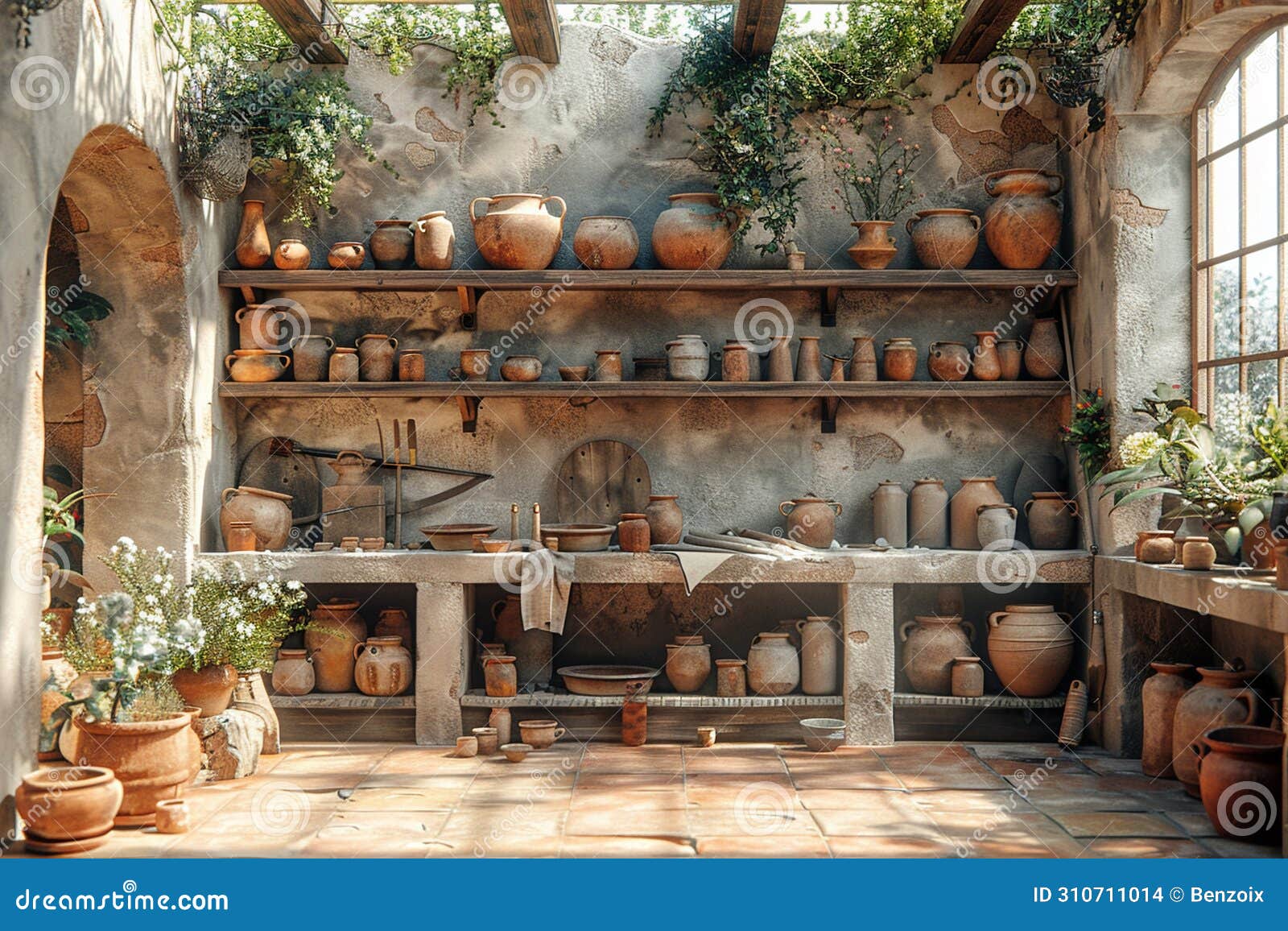 Rustic Pottery Studio with Clay Tools and a Kiln3D Render Stock ...