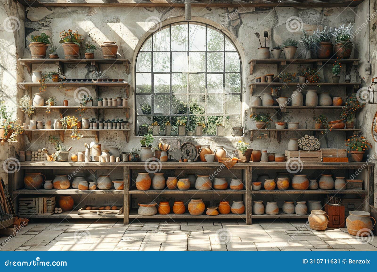 Rustic Pottery Studio with Clay Tools and a Kiln3D Render Stock ...
