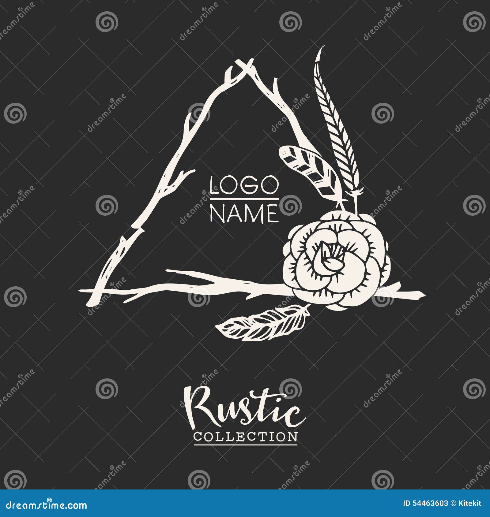 Rustic Premade Typographic Logo with Flowers, Branches and Feathers ...