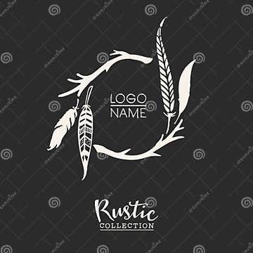 Rustic Premade Typographic Logo Template with Branches and Feather ...