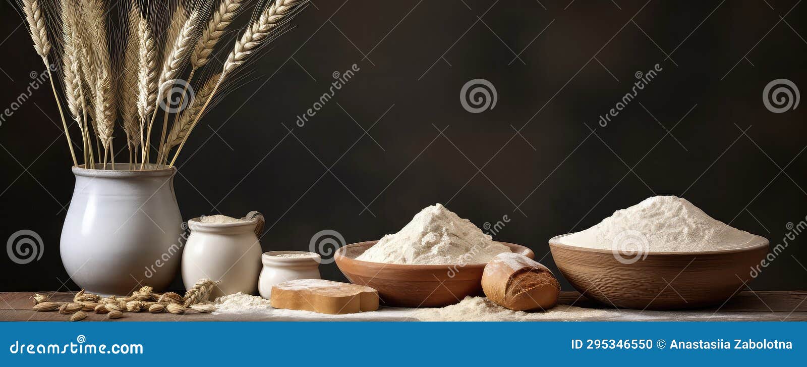 Rustic Presentation of Wheat Grain and Flour on Wooden Table Stock ...