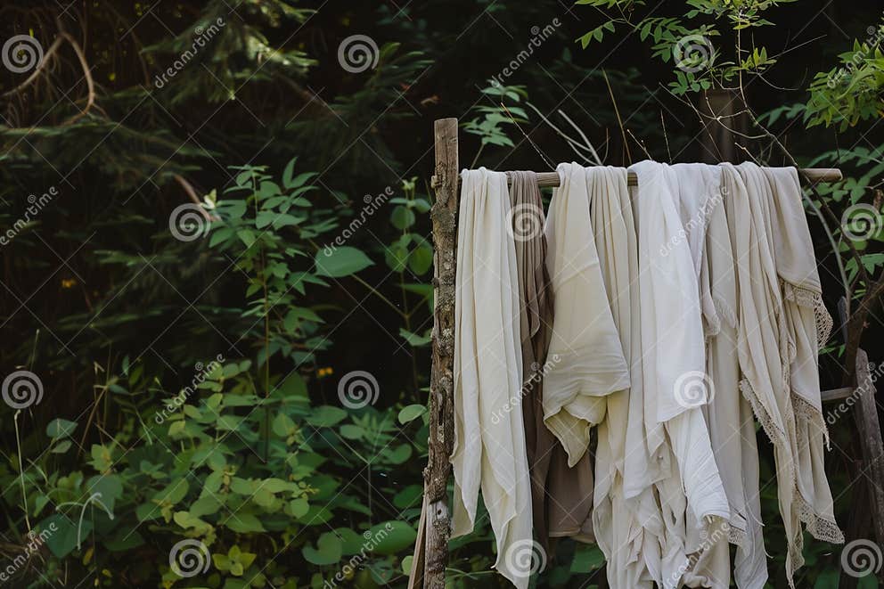 Rustic Rack Outside with Linen Hijabs Against a Backdrop of Greenery ...