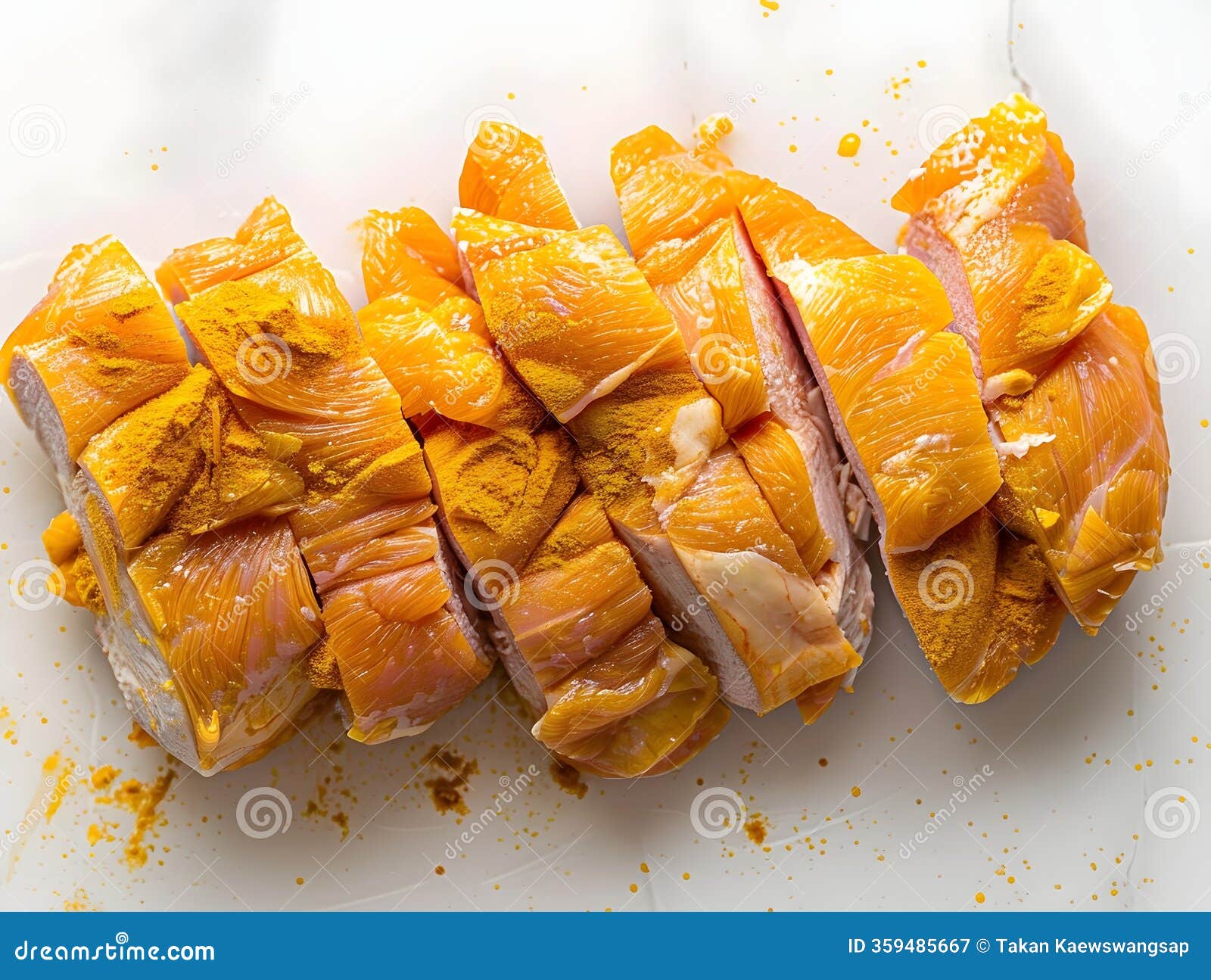 Rustic Raw Chicken Fillets Coated in Vibrant Turmeric Powder on White ...