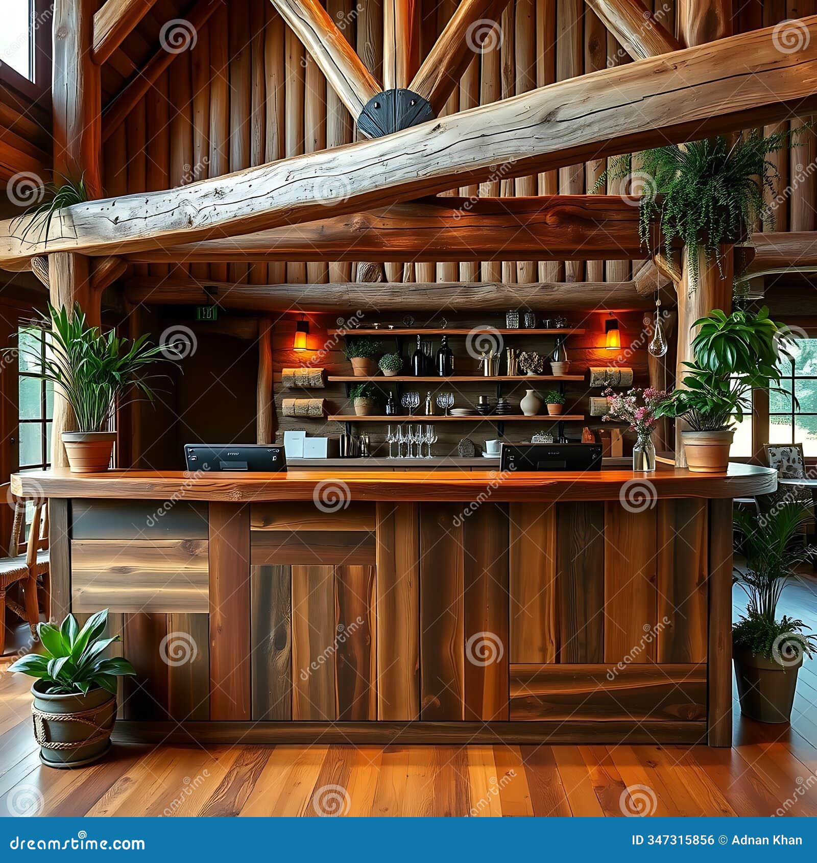 A Rustic Reception Desk Made of Reclaimed Wood with Warm Lighting and ...