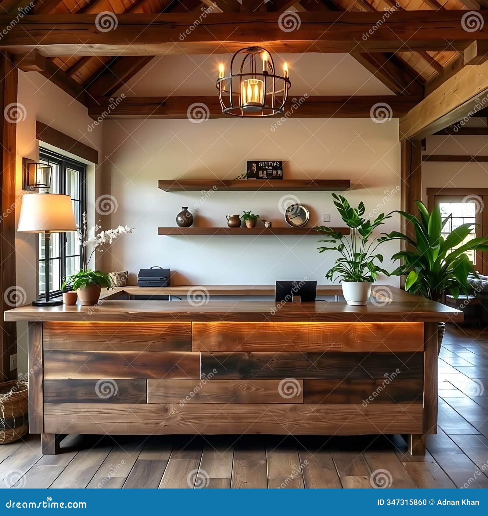 A Rustic Reception Desk Made of Reclaimed Wood with Warm Lighting and ...
