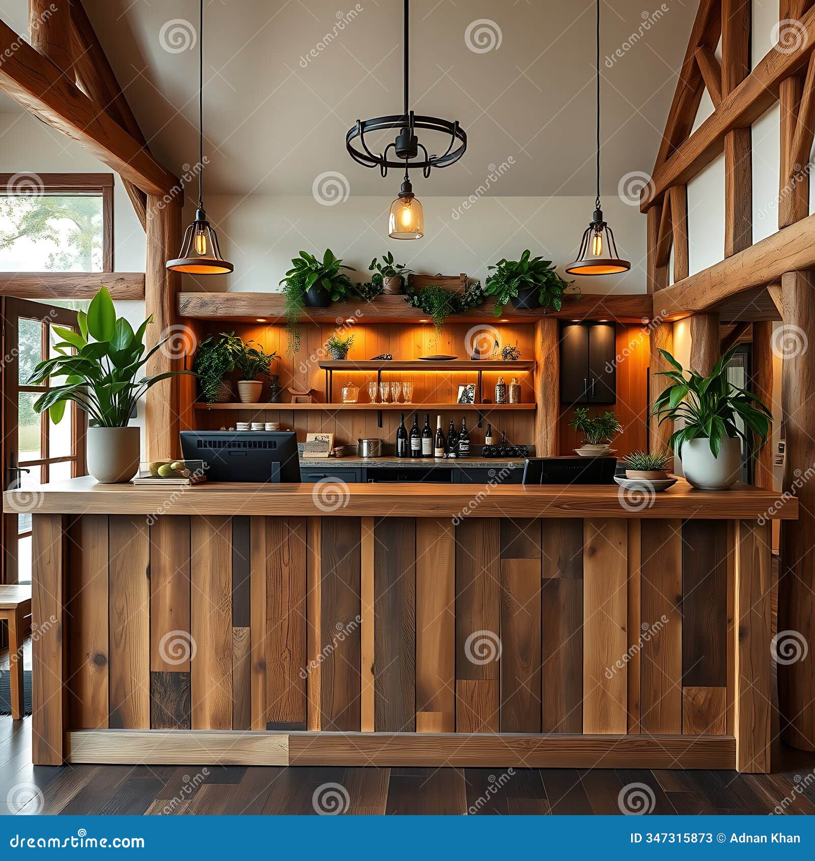 A Rustic Reception Desk Made of Reclaimed Wood with Warm Lighting and ...