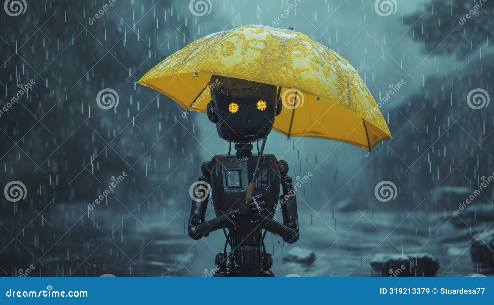 Rustic Robot Holding Yellow Umbrella In Rain Stock Image Image Of