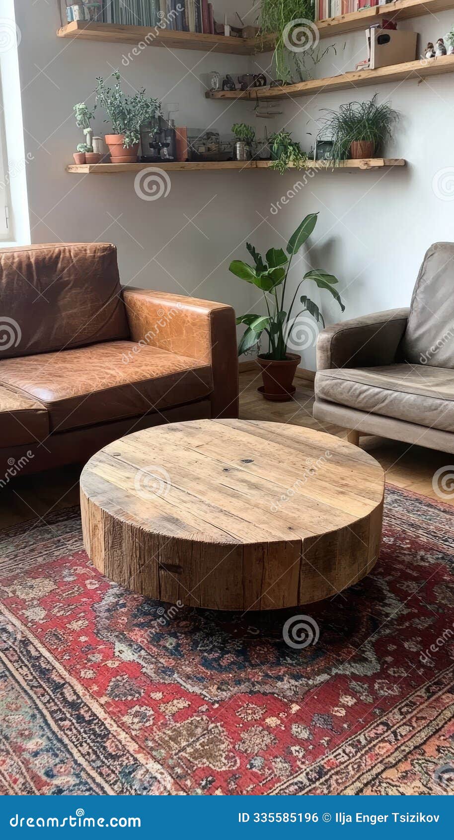 Rustic Round Coffee Table in Modern Farmhouse Living Room with Leather ...
