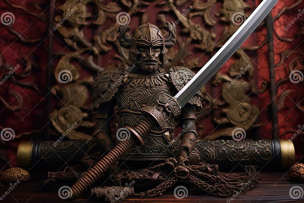 Rustic Samurai Sword Resting on Armor Stock Illustration - Illustration ...