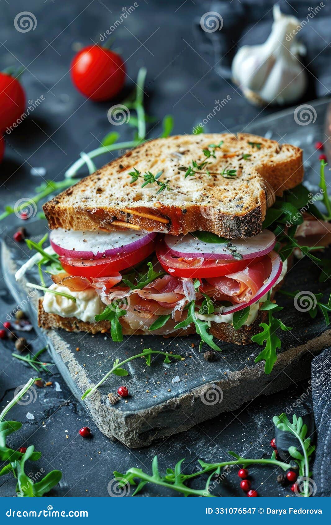 Rustic Sandwich with Smoked Fish, Fresh Vegetables, and Arugula on ...