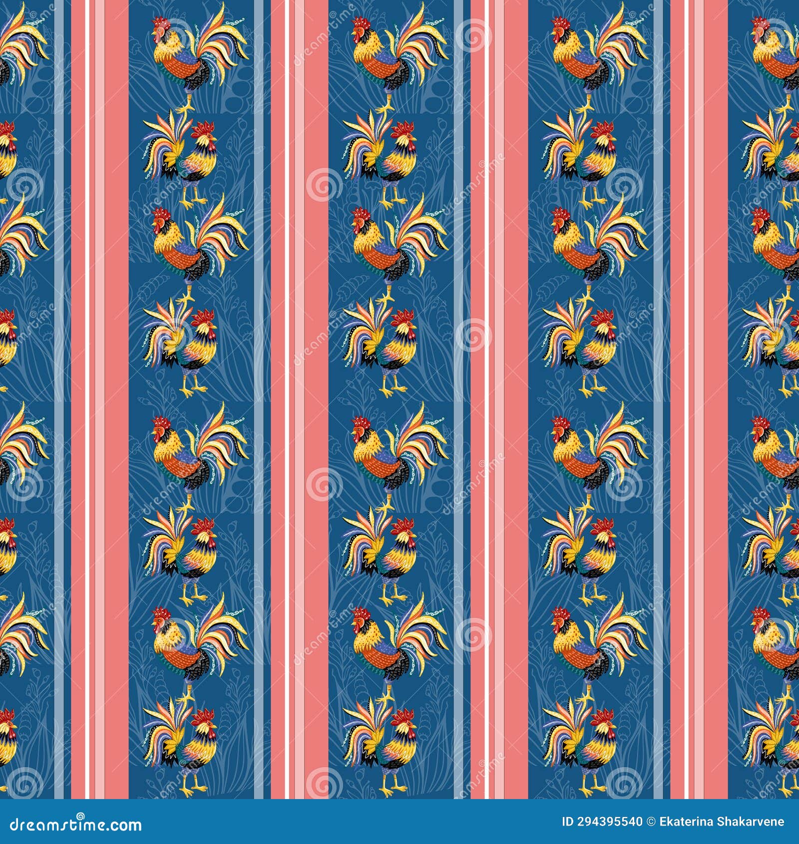 Rustic Seamless French Pattern with Roosters and Blue, Red and White ...