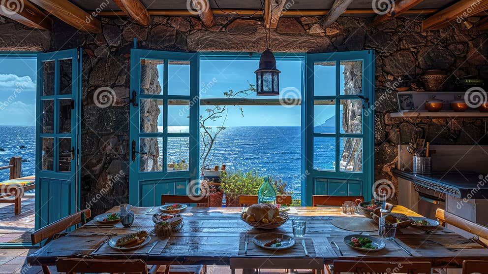 Rustic Seaside Dining Area with a Stunning Ocean View Stock ...