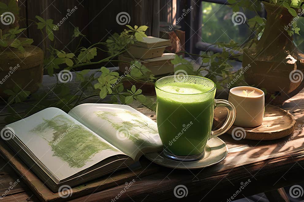 Rustic Setting with Matcha Latte and a Book Stock Photo - Image of ...