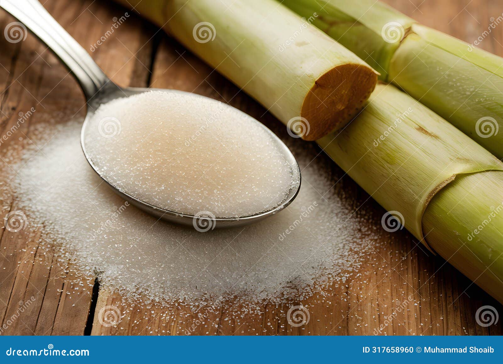 Rustic Setup With Granulated Sugar Spoon And Sugarcane On Wooden ...