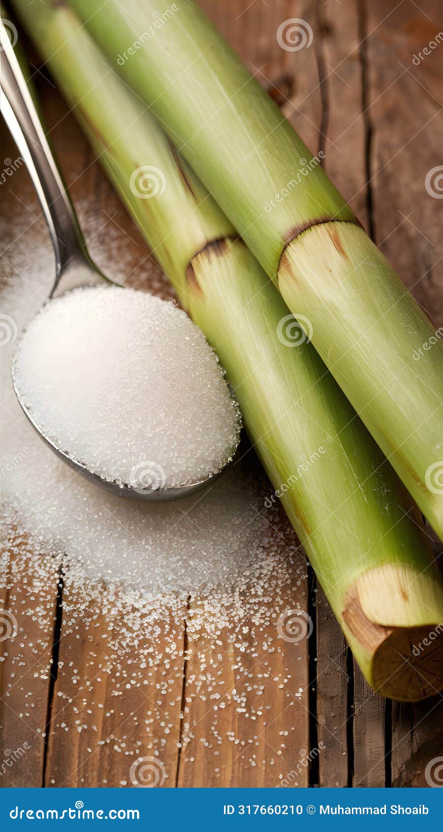 Rustic Setup With Granulated Sugar Spoon And Sugarcane On Wooden ...