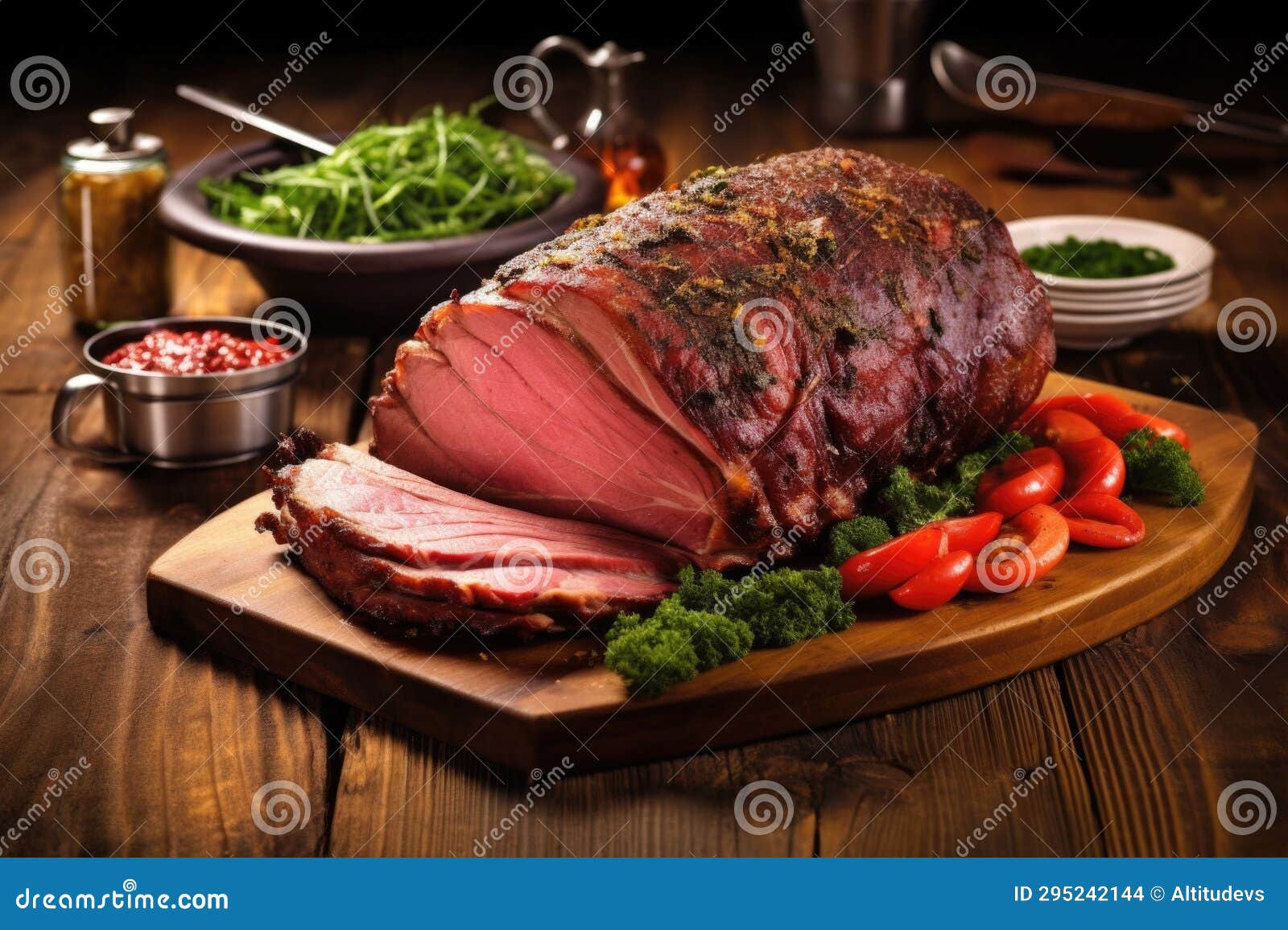 Rustic Setup of Smoked Beef Brisket on a Aged Wooden Table Stock Photo ...