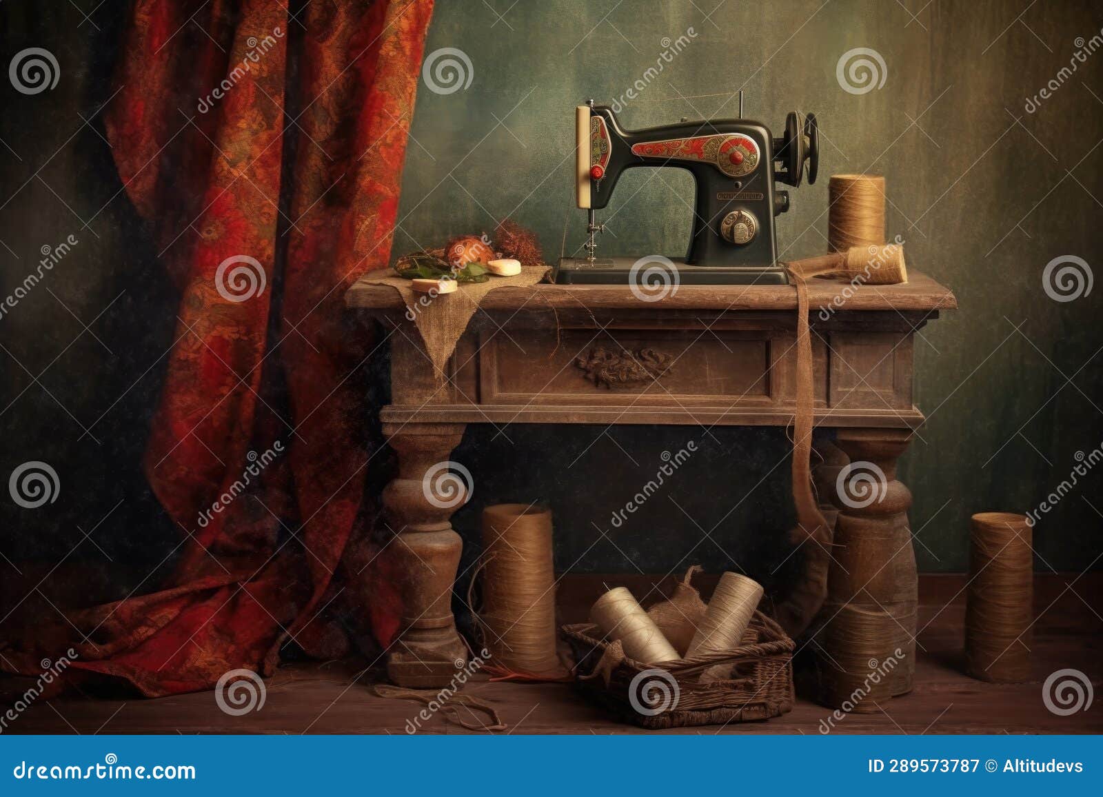 Rustic Sewing Machine with Fabric and Scissors Stock Image - Image of ...