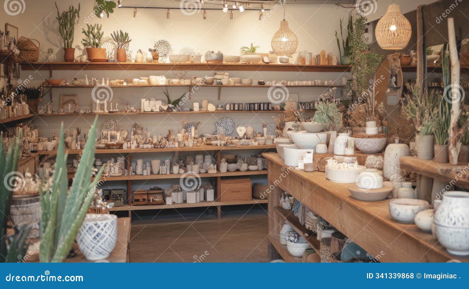A Rustic Shop Interior Decorated with Pottery and Plants Stock ...