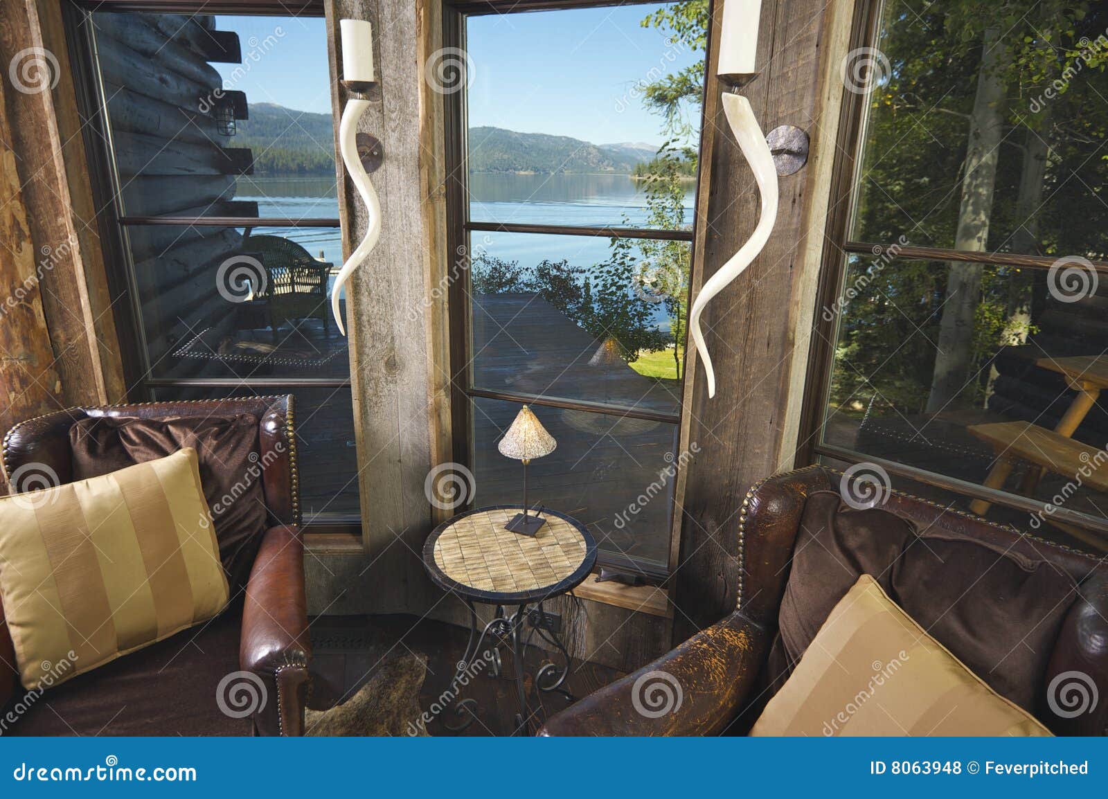 Rustic Sitting Room with Lakefront View Stock Photo - Image of relax ...