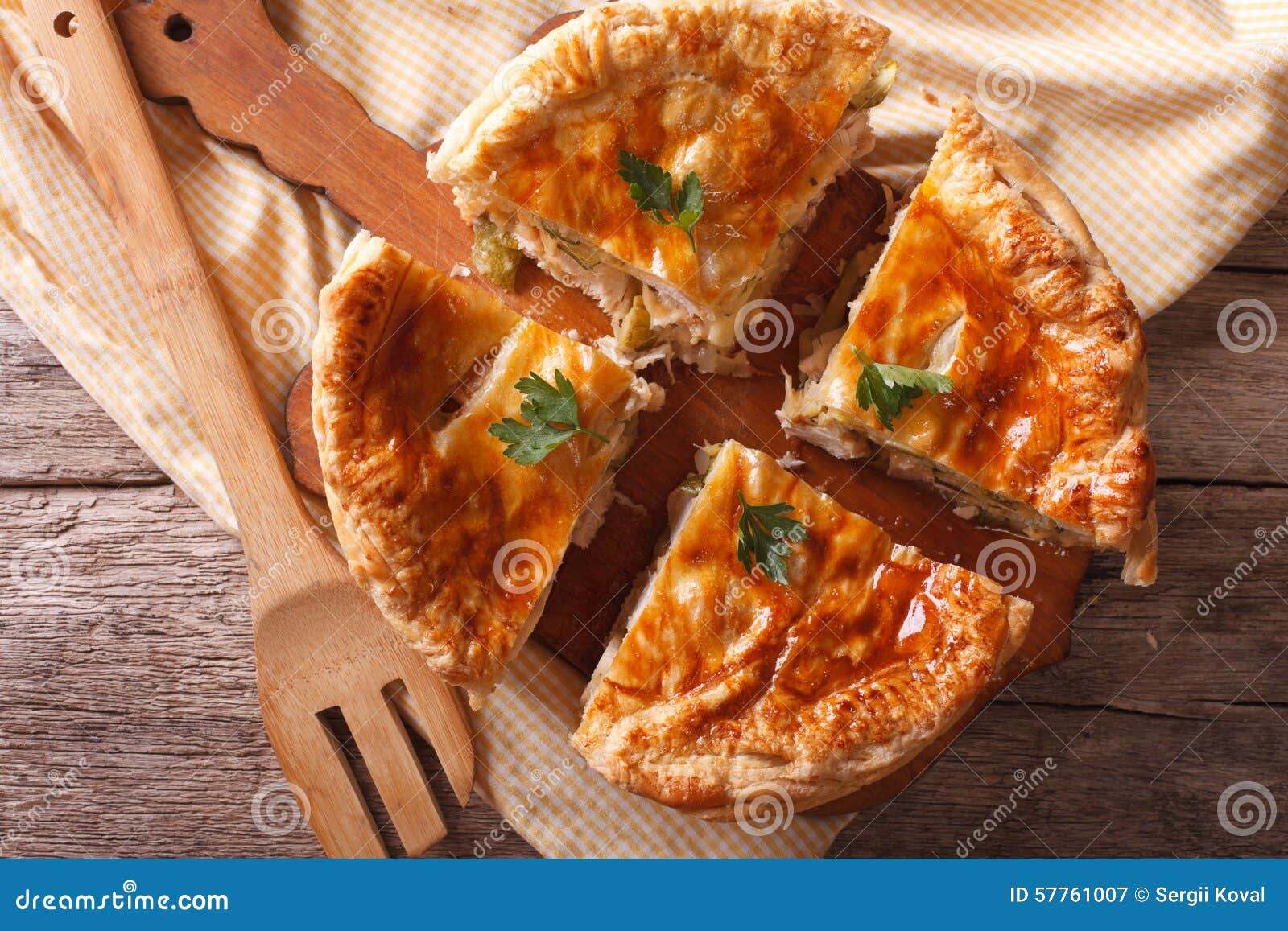 Rustic Sliced Chicken Pie Close-up on the Table. Horizontal Top Stock ...