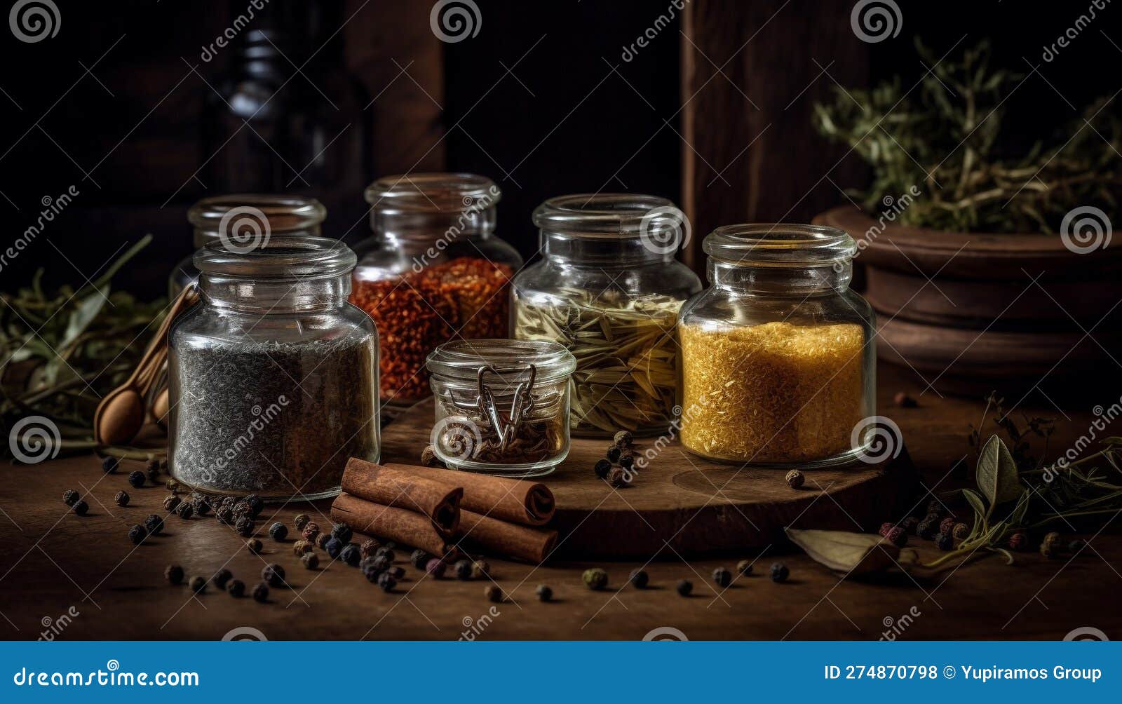 Rustic Spice Jars Decorate Fresh Kitchen Table Generated by AI Stock ...