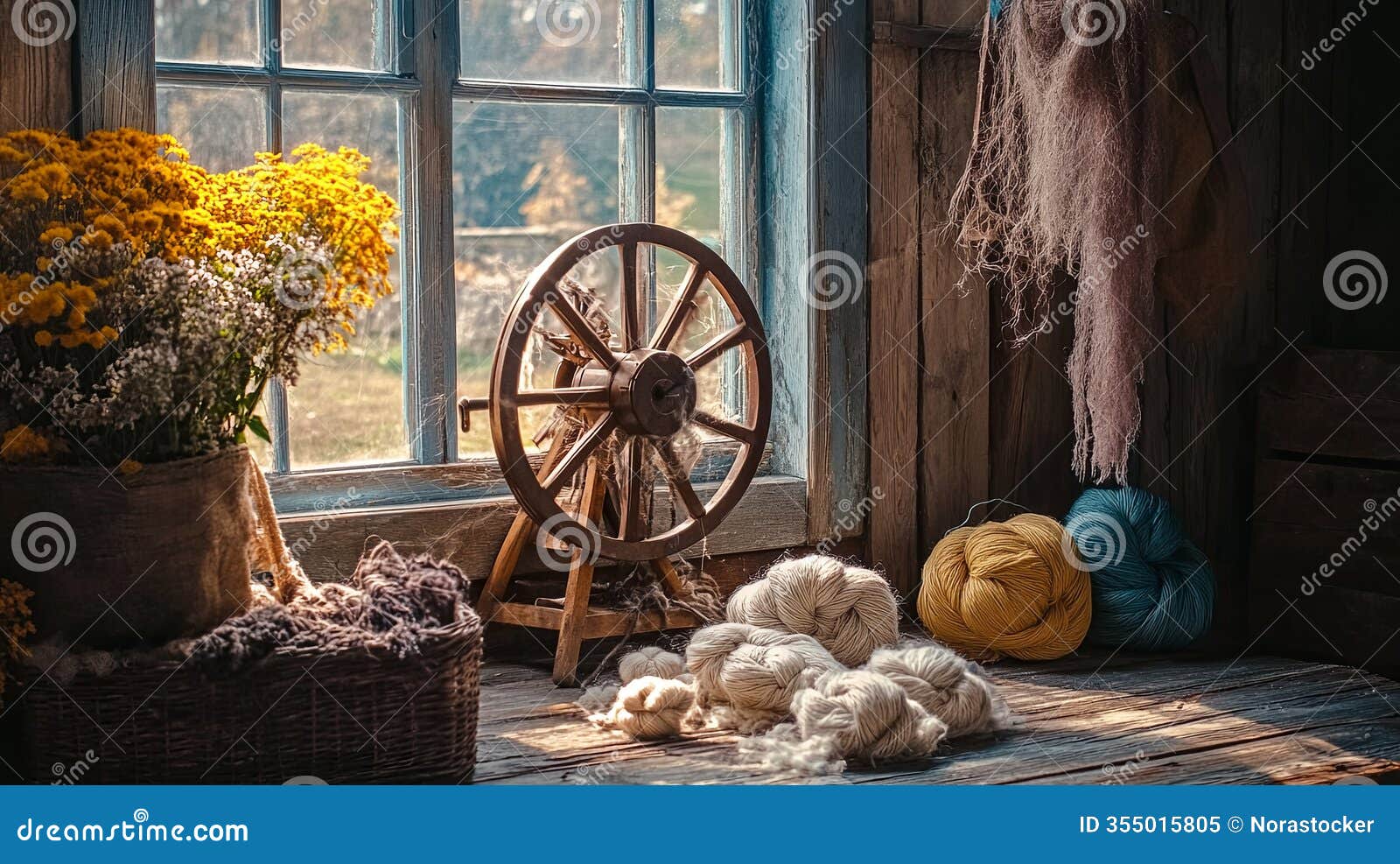 A Rustic Spinning Wheel Setup with Wool Roving and Skeins of Yarn Stock ...
