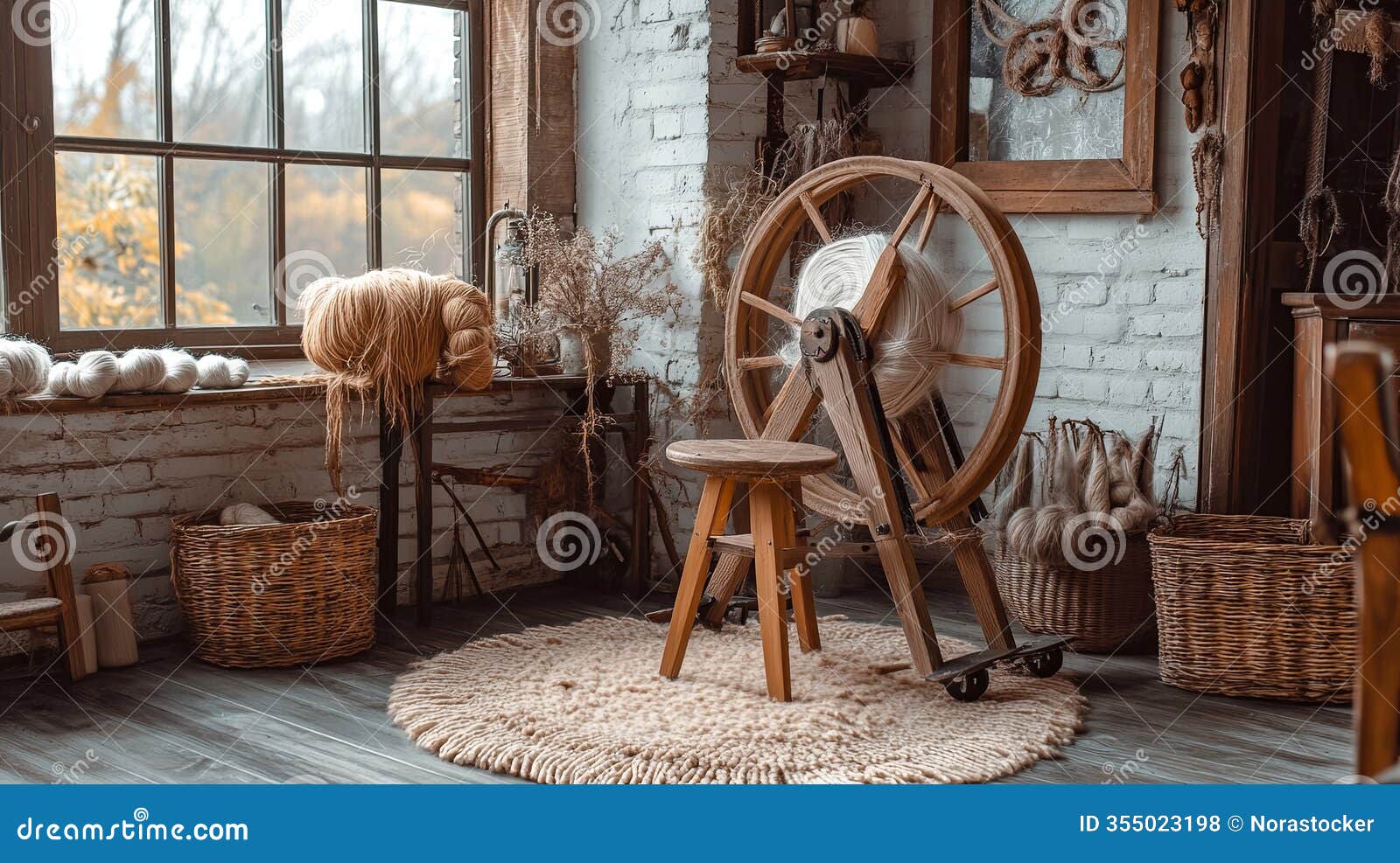 A Rustic Spinning Wheel Setup with Wool Roving and Skeins of Yarn Stock ...