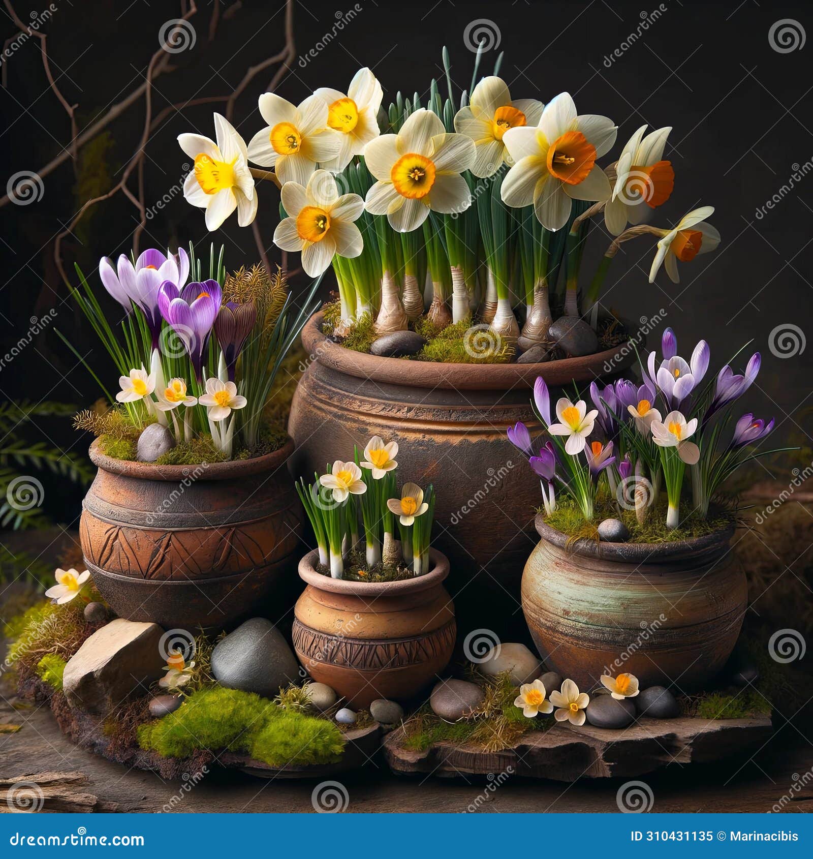 A Rustic Spring Display of Blooming Daffodils and Crocuses Nestled in ...