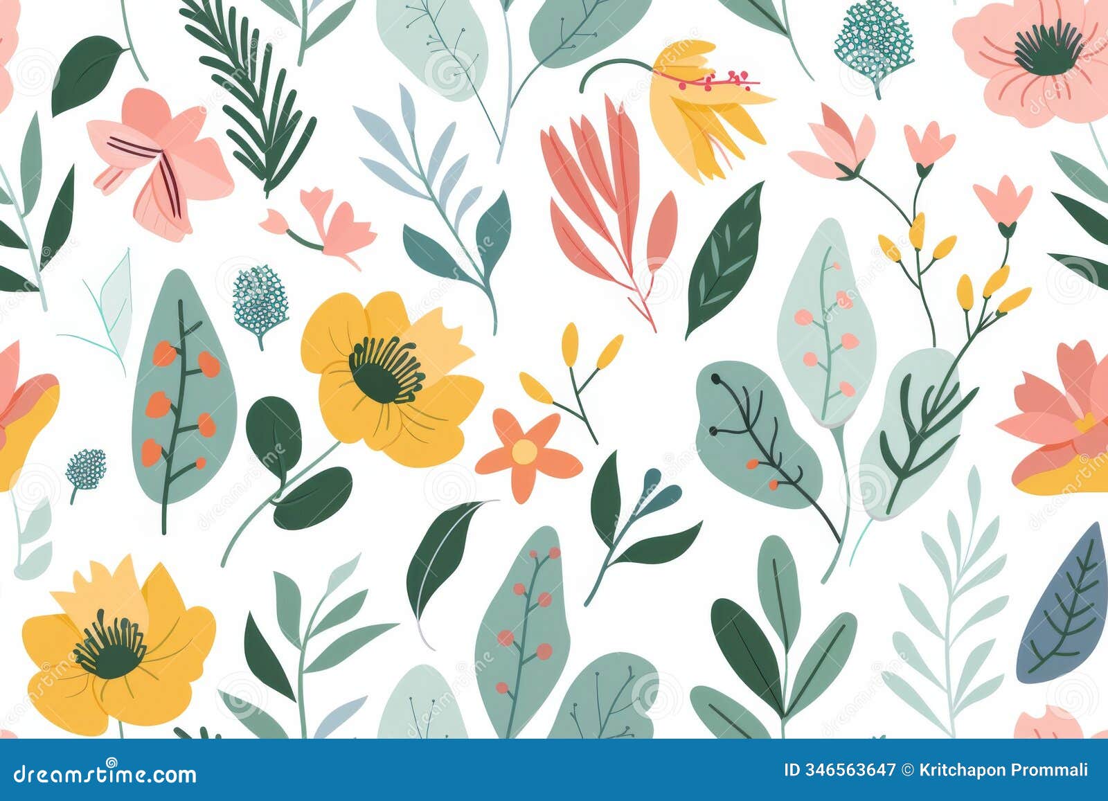 Rustic Spring Flowers and Leaves Seamless Pattern Simple Flat on White ...