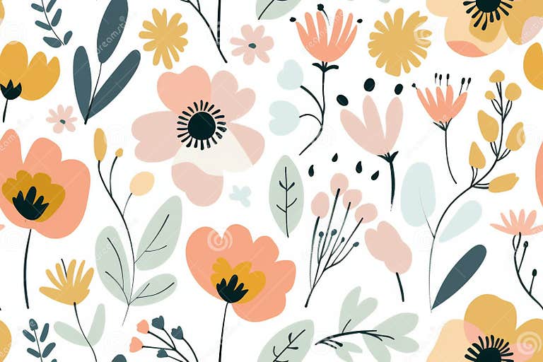 Rustic Spring Flowers and Leaves Seamless Pattern, Simple Flat Vector ...