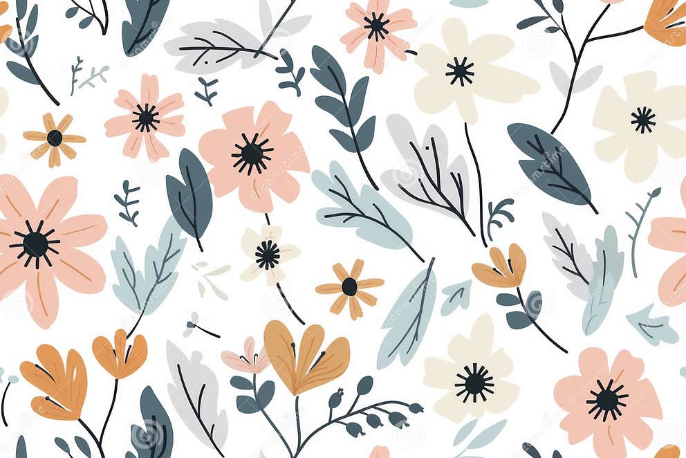 Rustic Spring Flowers and Leaves Seamless Pattern, Simple Flat Vector ...