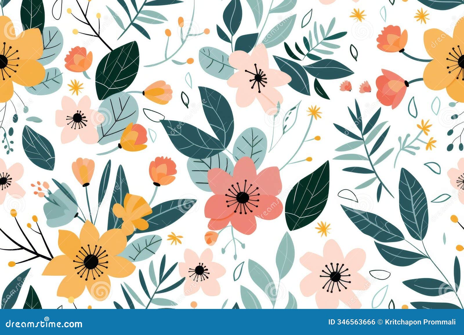 Rustic Spring Flowers and Leaves Seamless Pattern, Simple Flat Vector ...